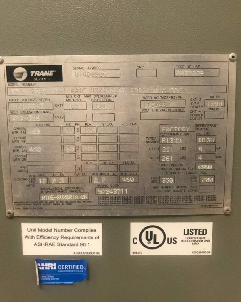 250 Ton Trane Air Cooled Chiller - LEL Critical